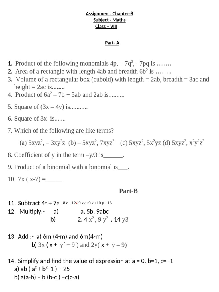 Chapter 8 Maths Assignment for Class VIII | PDF