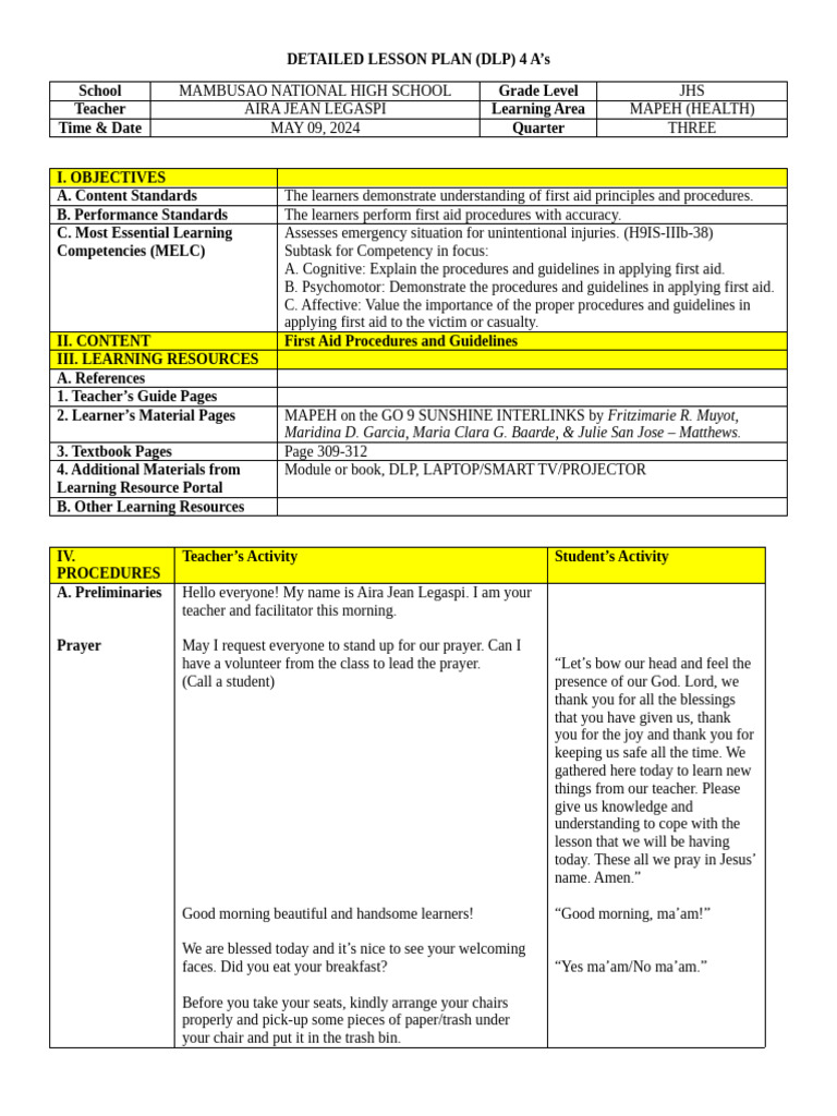 First Aid Lesson Plan for JHS MAPEH | PDF | First Aid