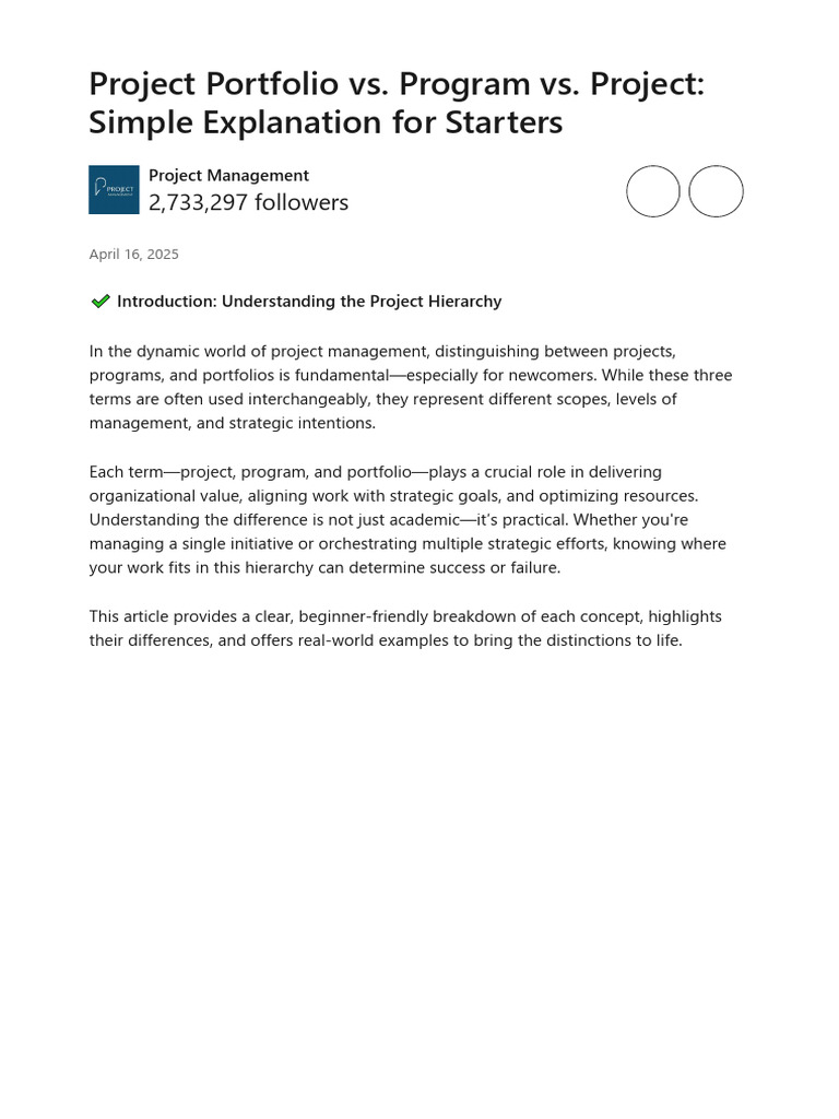 Project Portfolio vs. Program vs. Project - Simple Explanation For Starters - LinkedIn | PDF ...