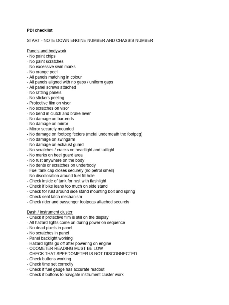 Motorcycle PDI Checklist Guide | PDF | Motor Vehicle | Manufactured Goods