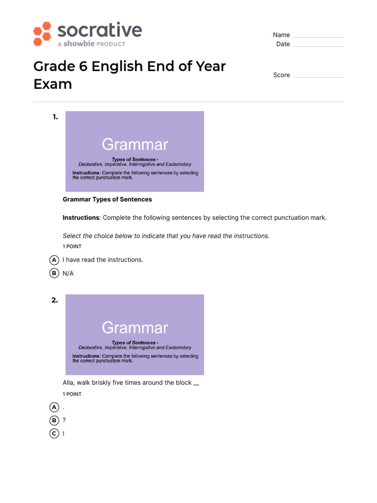 Grade 6 English Exam: Sentence Types | PDF | Sentence (Linguistics ...