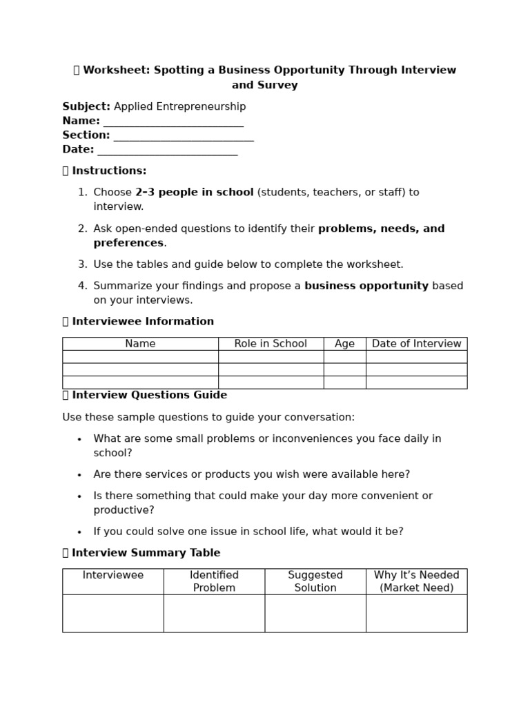 Business Opportunity Worksheet Guide | PDF