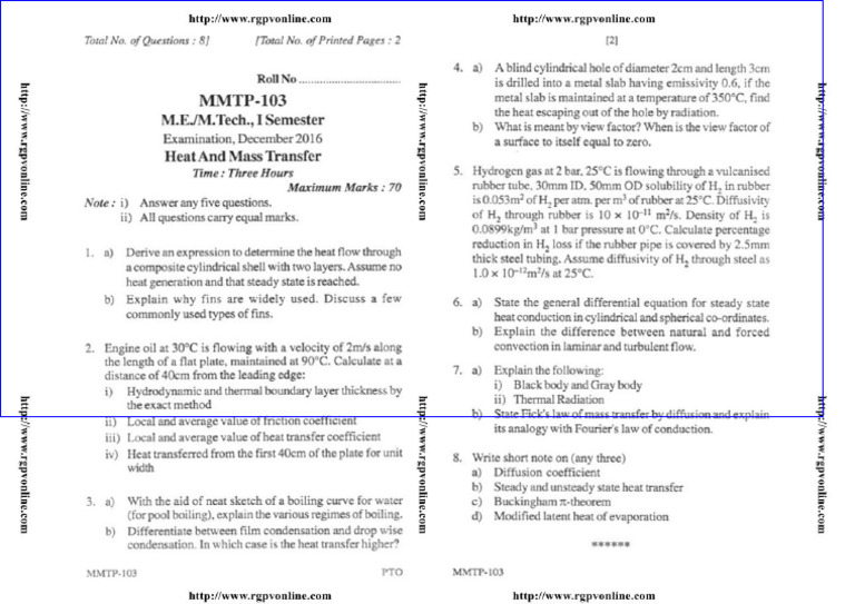 MMTP 103 Heat and Mass Transfer Dec 2016 | PDF