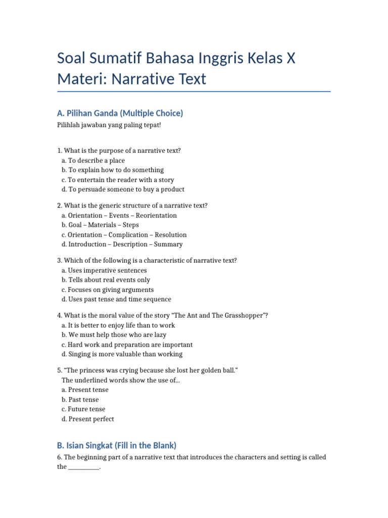 Soal Sumatif Bahasa Inggris Kelas X Narrative Text | PDF