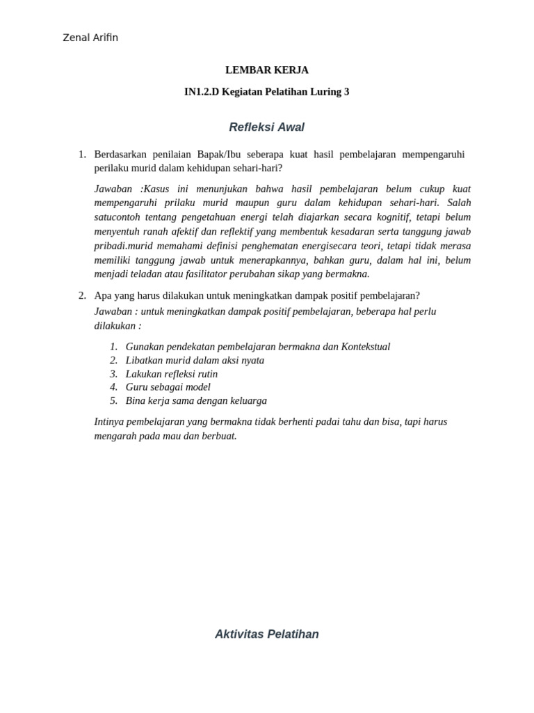 IN1.2.D. Kegiatan Pelatihan Luring 3 Zenal Arifin | PDF