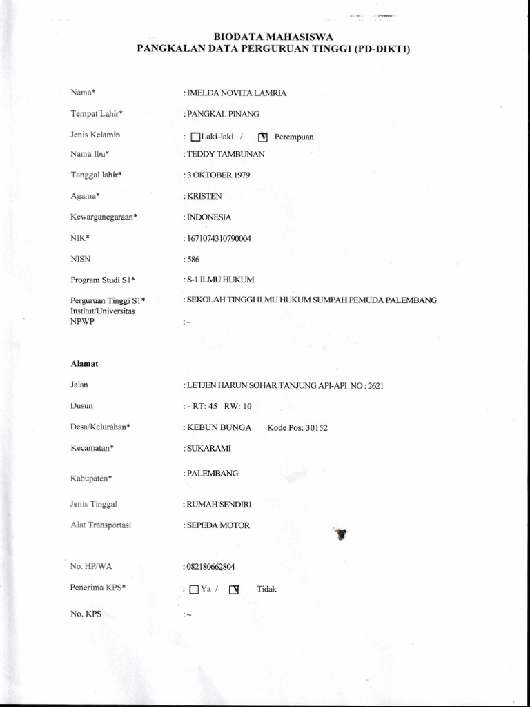 Imelda Novita Lamria - Biodata Mahasiswa | PDF