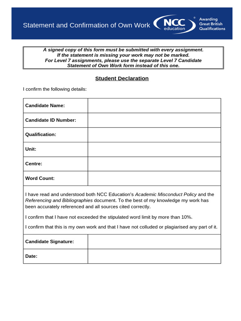 Statement of Own Work Submission Form | PDF