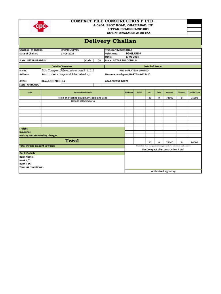 Delivery Challan Format PNC Saurbh Jee 17.06.24 | PDF | Service ...