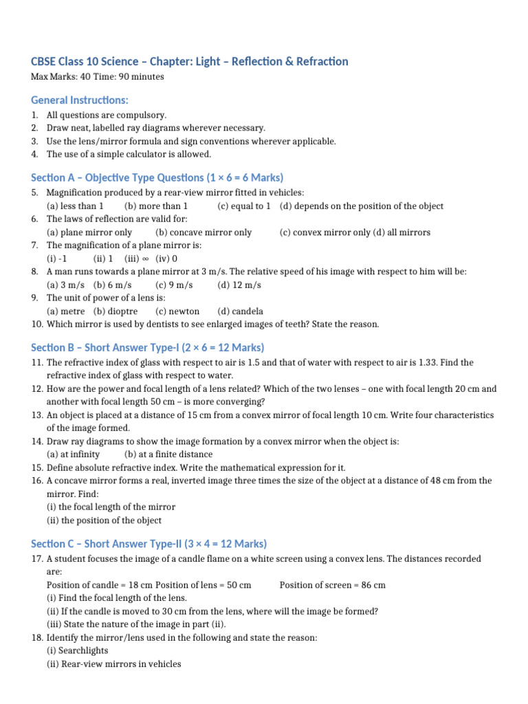 Light Reflection Refraction Question Paper | PDF | Lenses ...