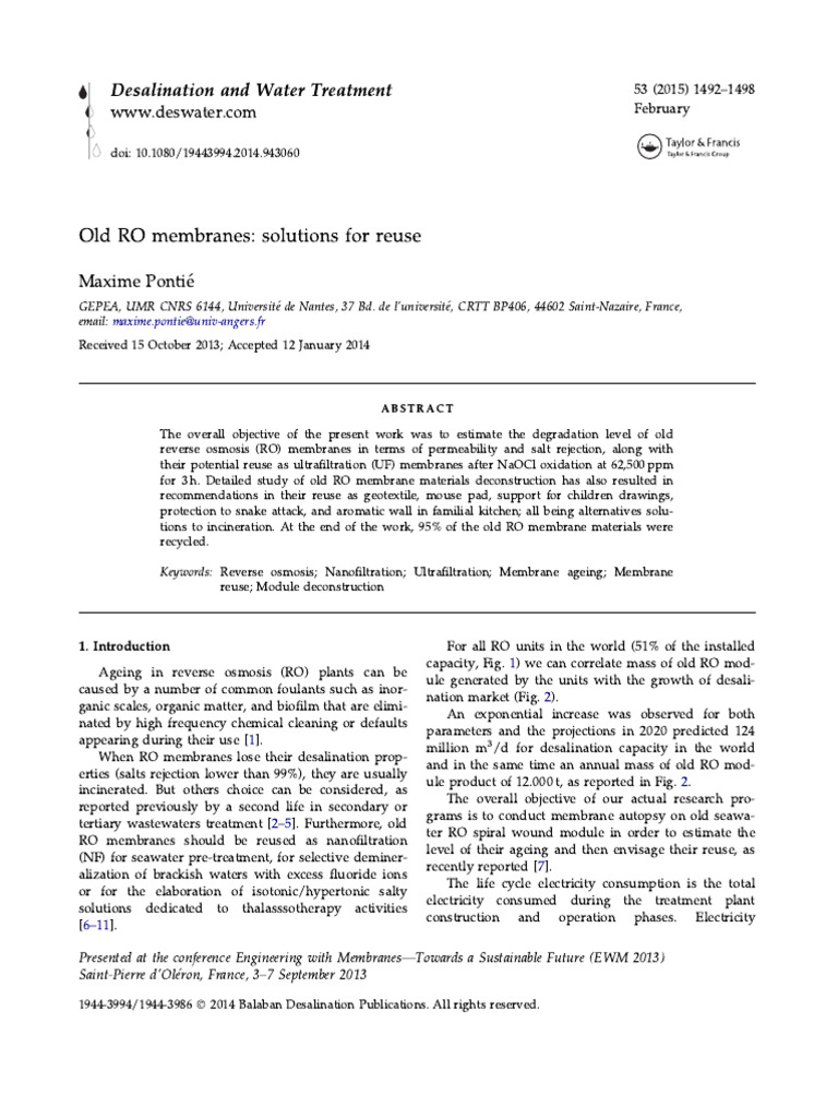 Old RO Membranes - Solutions For Reuse | PDF
