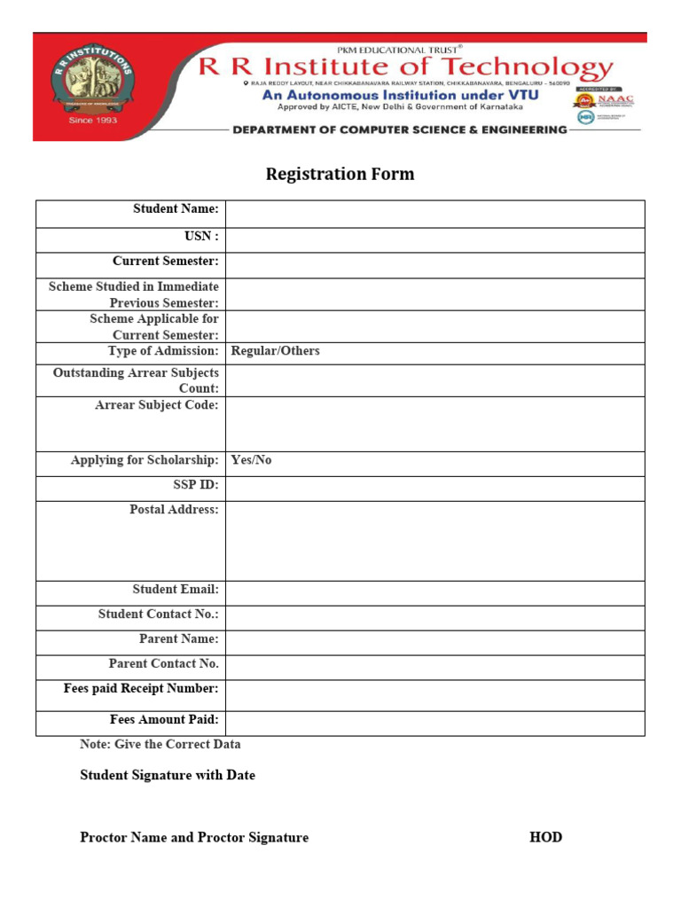 Registration Form For Academic Year 2025-26 | PDF