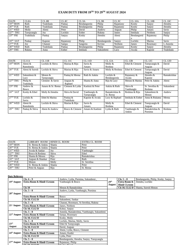 Exam Duty Schedule: Aug 19-29, 2024 | PDF