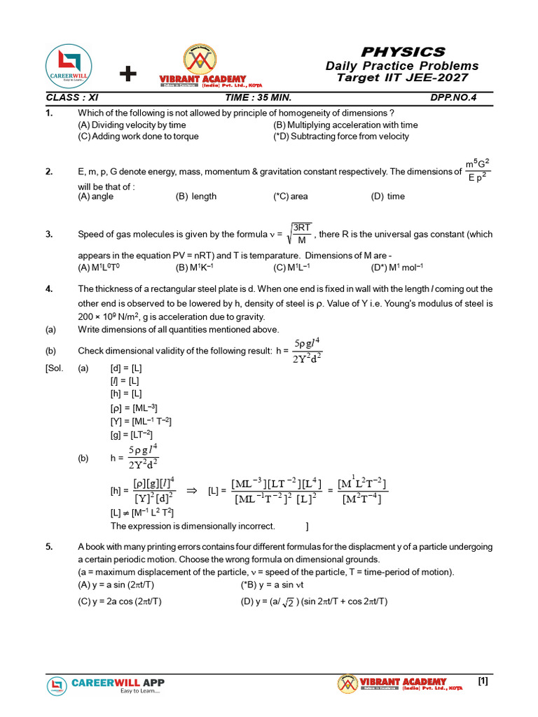 2-Physics XI DPP (4-6) Careerwill With Answer | PDF | Force | Acceleration