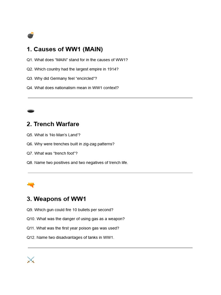 World War One Quiz Questions | PDF