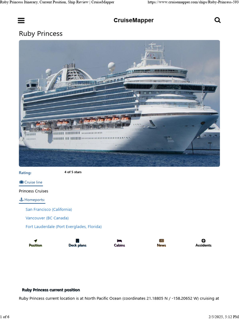 Ruby Princess Itinerary, Current Position, Ship Review - CruiseMapper ...