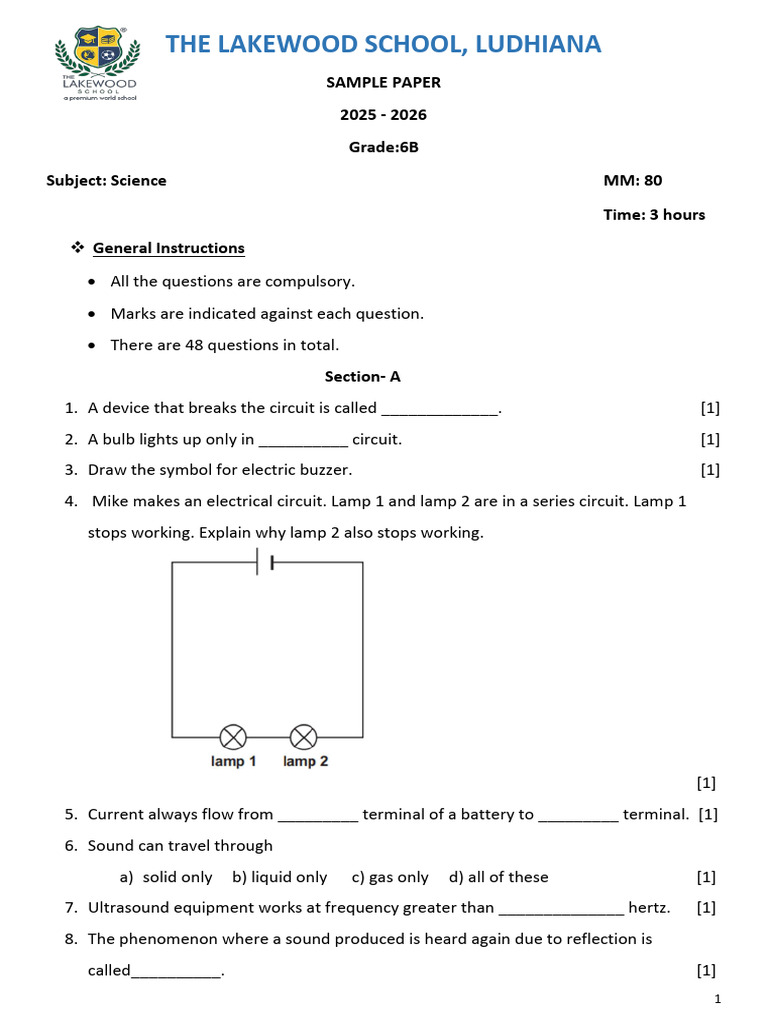 Grade 6B Sample Paper 2025 26 Science | PDF | Water | Gases