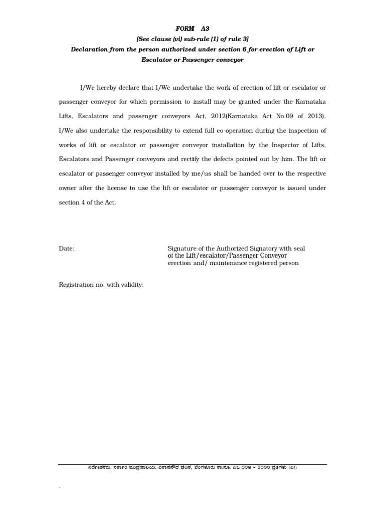 A3 Declaration for Lift Installation | PDF