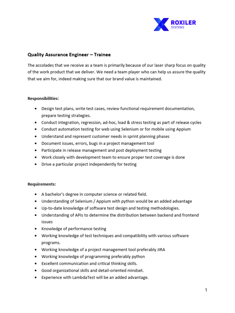Quality Assurance Engineer Trainee Role | PDF