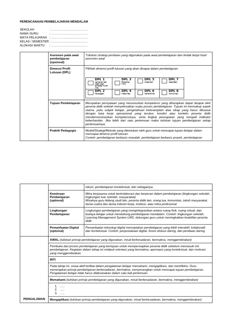 Template - RPP Pembelajaran Mendalam | PDF