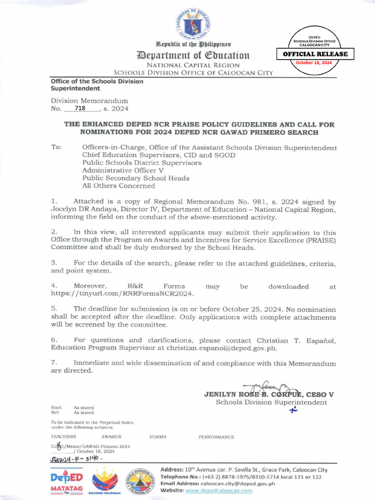 DM No. 718 s. 2024 the Enhanced DepED NCR Praise Policy Guidelines and ...