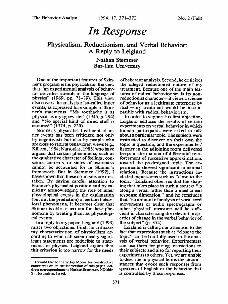 B - STEMMER, N. (1994) - Physicalism, Reductionism, and Verbal Behavior ...