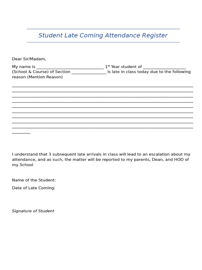 Late Coming Attendance Register Format | PDF