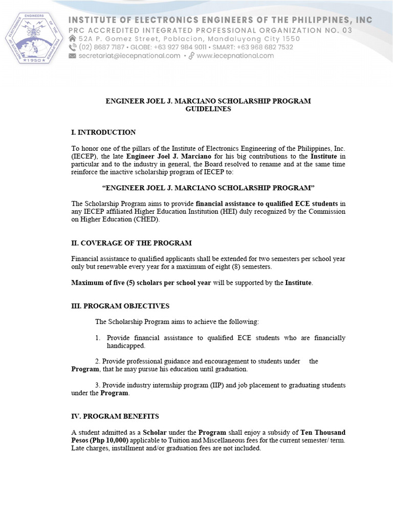 IECEP JJMarciano Scholarship Guidelines 2025 | PDF | Justice | Crime & Violence