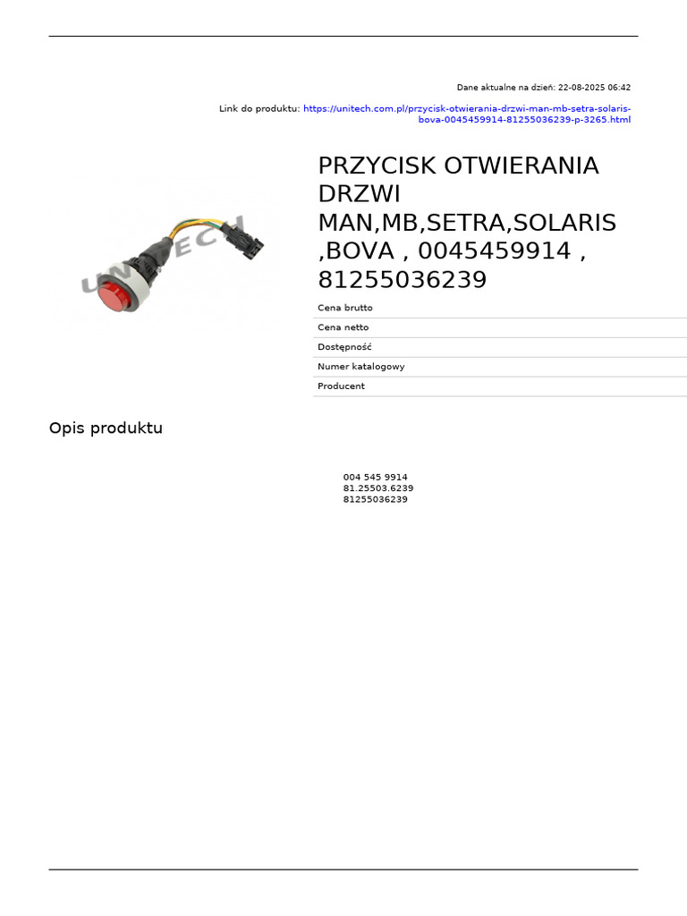 Przycisk Otwierania Drzwi Man MB Setra Solaris Bova 0045459914 ...