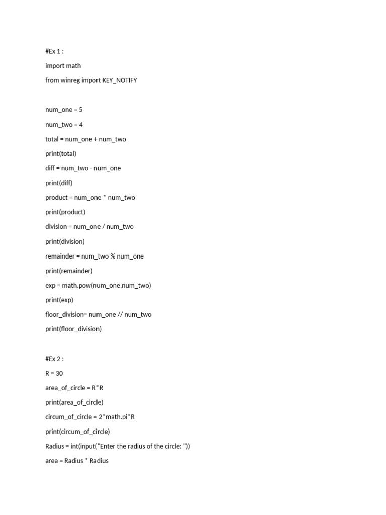 Python Math Operations and Circle Area | PDF