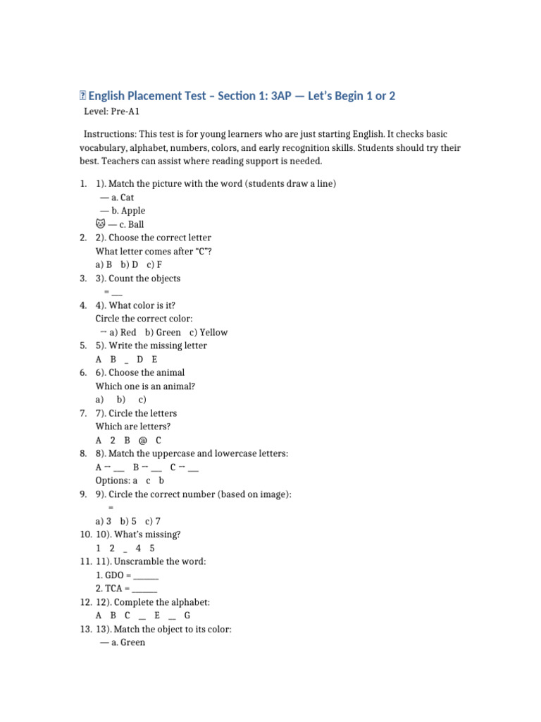 Placement Test Lets Begin 1 2 Complete | PDF