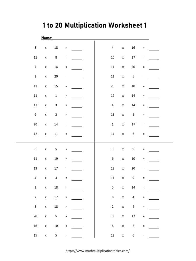 1 to 20 Multiplication Worksheets | PDF
