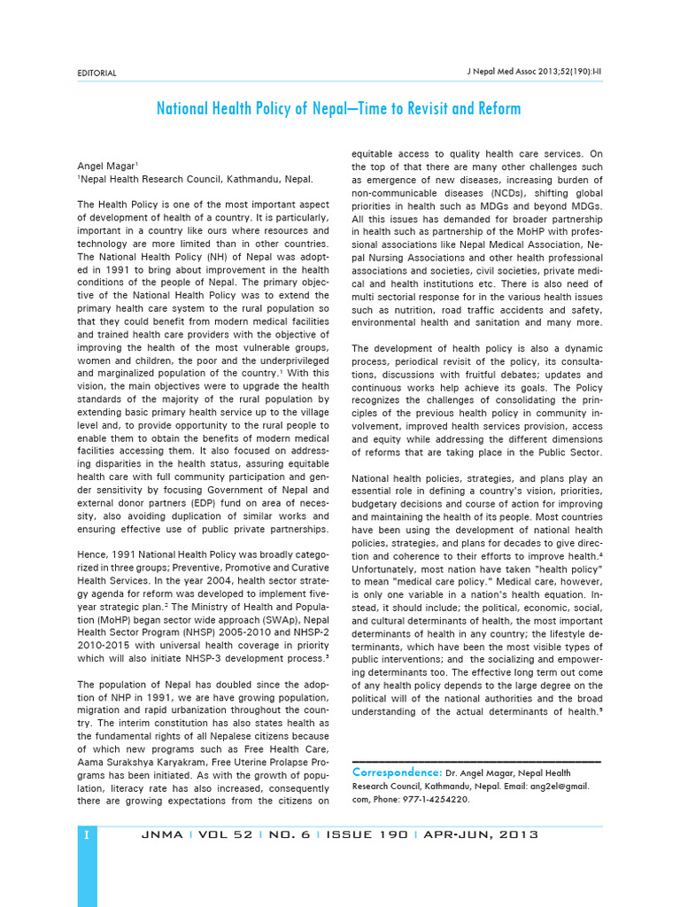 National Health Policy of Nepal - Time To Revisit and Reform. | PDF ...