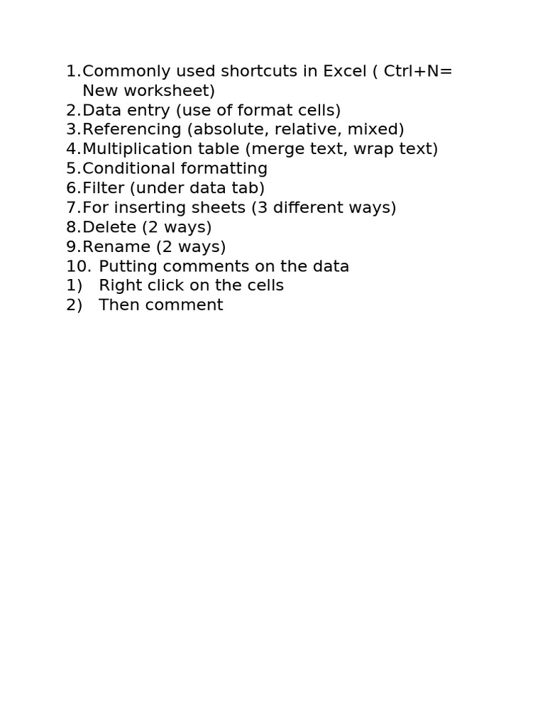 Commonly Used Shortcuts in Excel | PDF