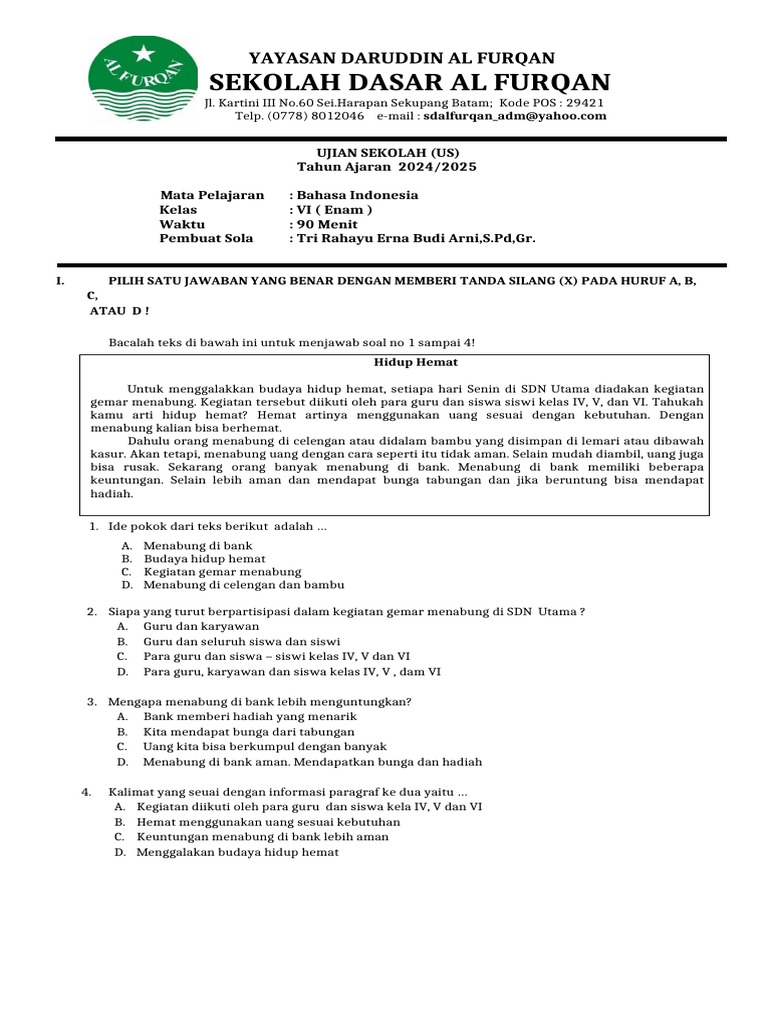 Bindo Kelas 6 Us 2025 | PDF