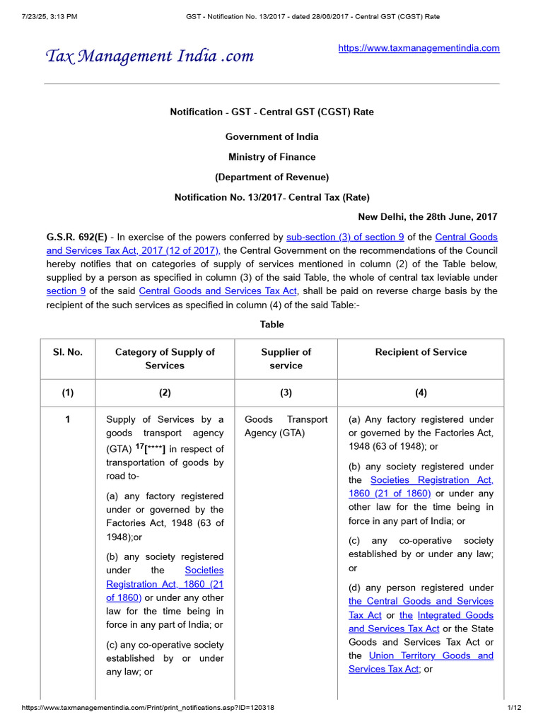 GST Notification No. 13/2017 Overview | PDF | Taxes | Value Added Tax