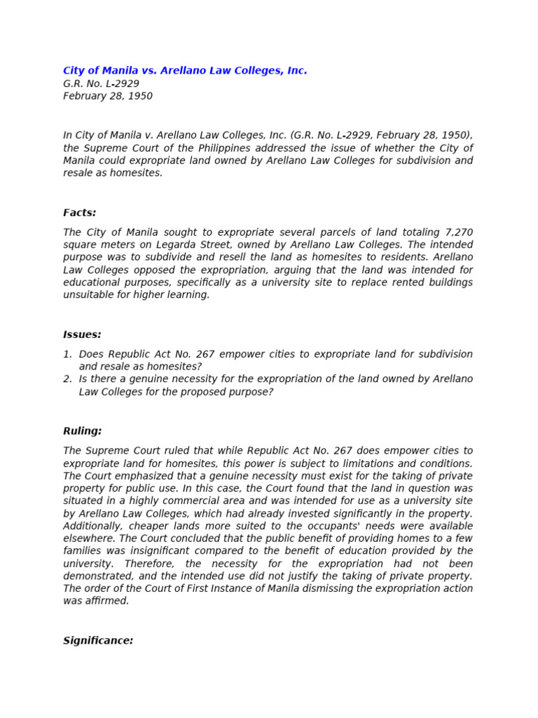Manila Expropriation Case: Arellano Law | PDF