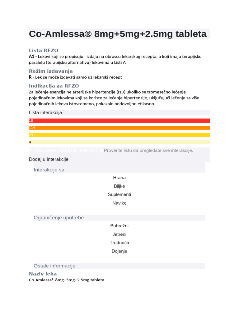 Co-Amlessa® 8mg+5mg+2.5mg Tableta: Lista RFZO | PDF