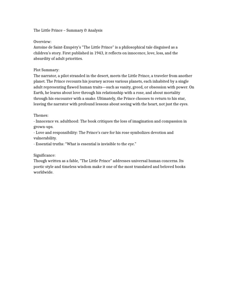 The Little Prince Study Guide Summary | PDF