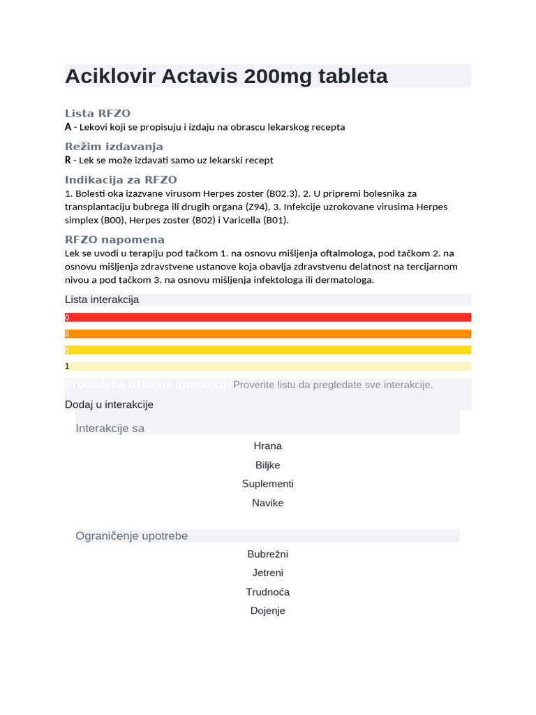 Aciklovir Actavis 200mg Tableta | PDF
