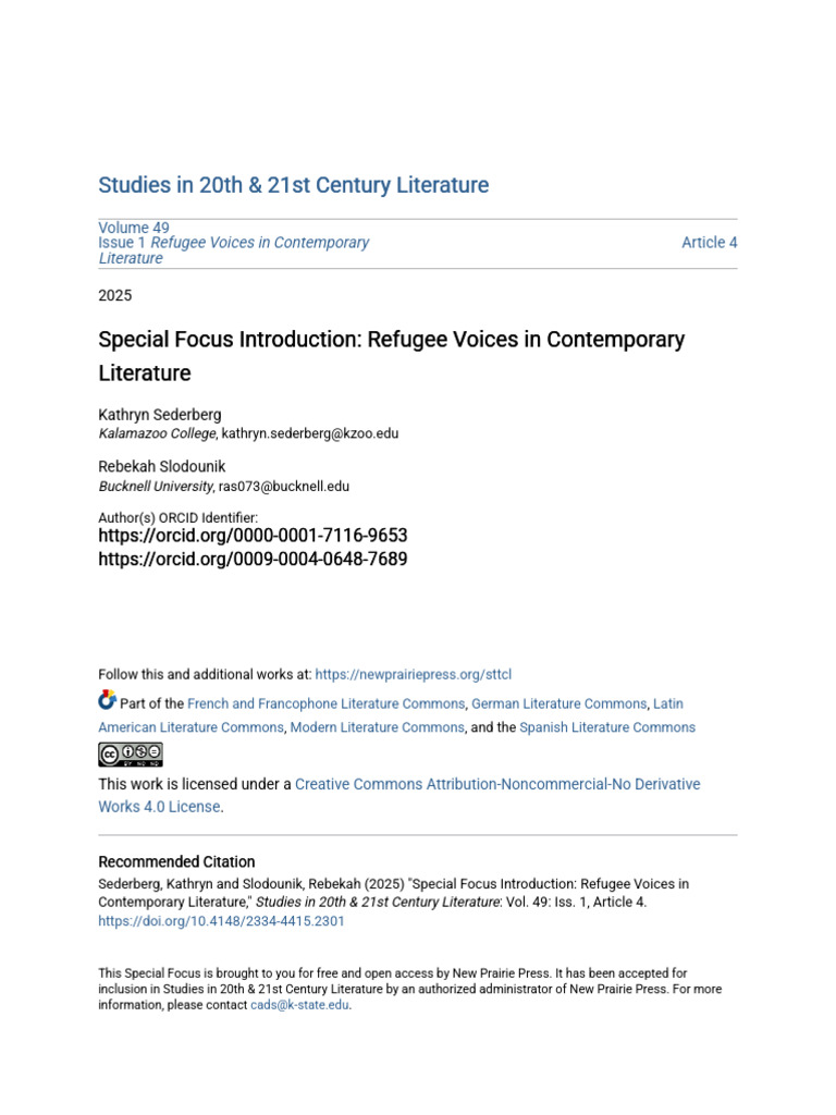 Special Focus Introduction. Refugee Voices in Contemporary Literature ...