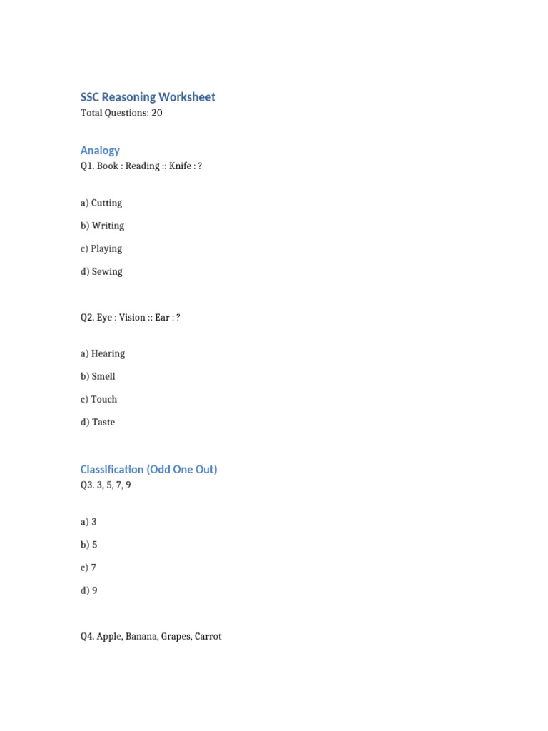 SSC Reasoning Worksheet with Answers | PDF