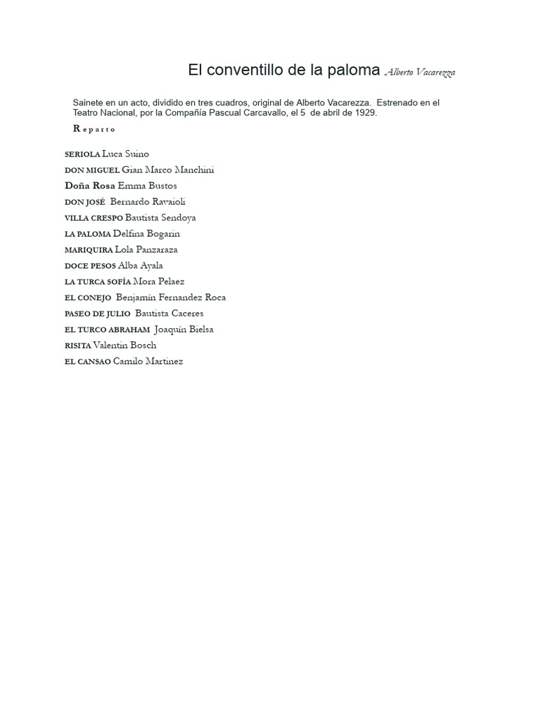 PRIMERAS ESCENAS El conventillo de la paloma Alberto Vacarezza | PDF
