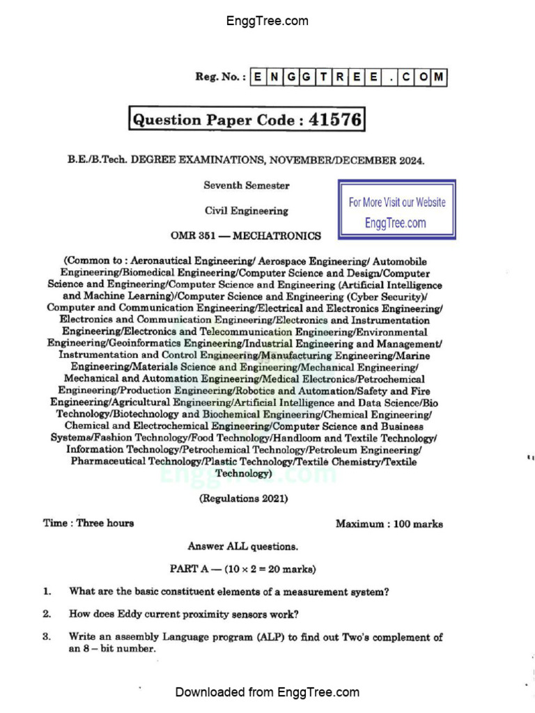 OMR351 Mechatronics Nov Dec 2024 Question Paper Download | PDF