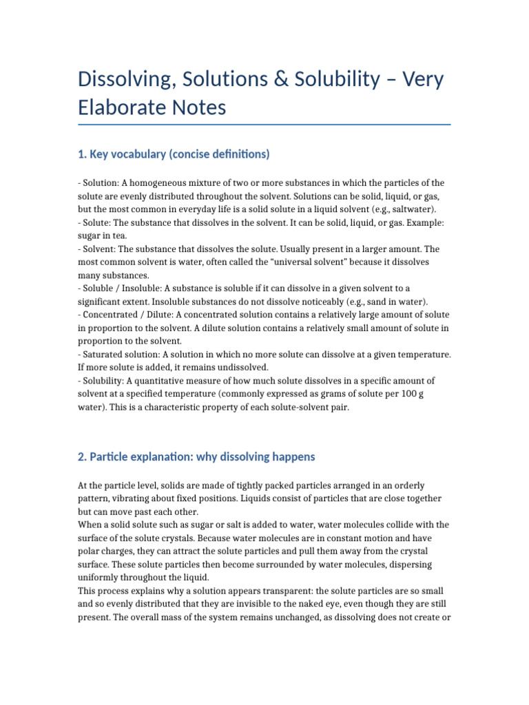 Dissolving Solutions Solubility Notes | PDF | Solubility | Water