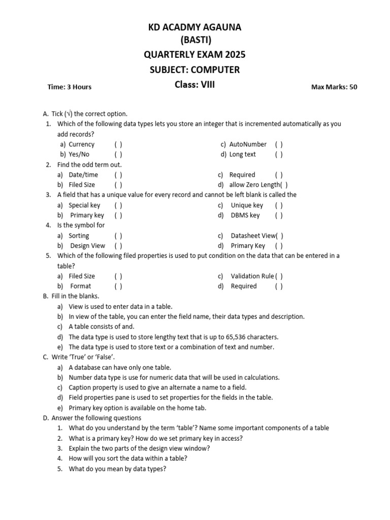 Computer Cls 8 | PDF | Data Type | Databases