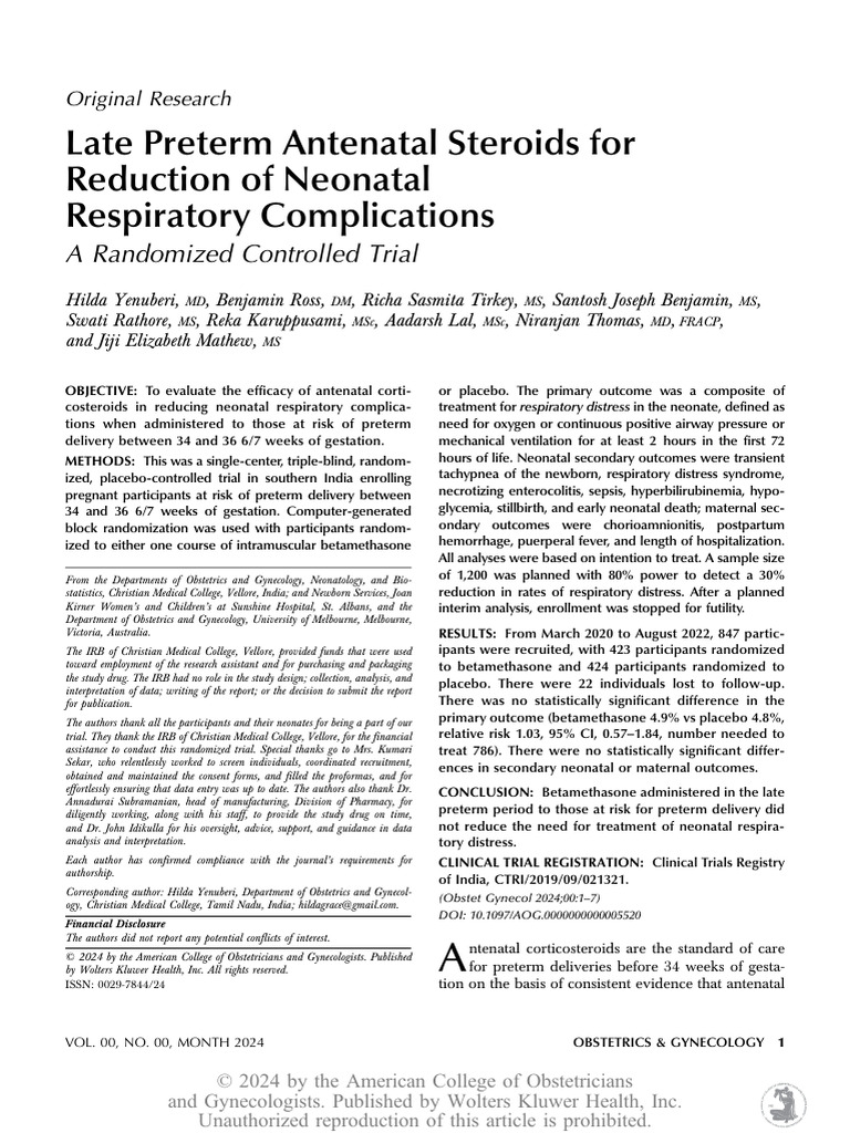 Late Preterm Antenatal Steroids For Reduction Of.1020 | PDF | Preterm ...