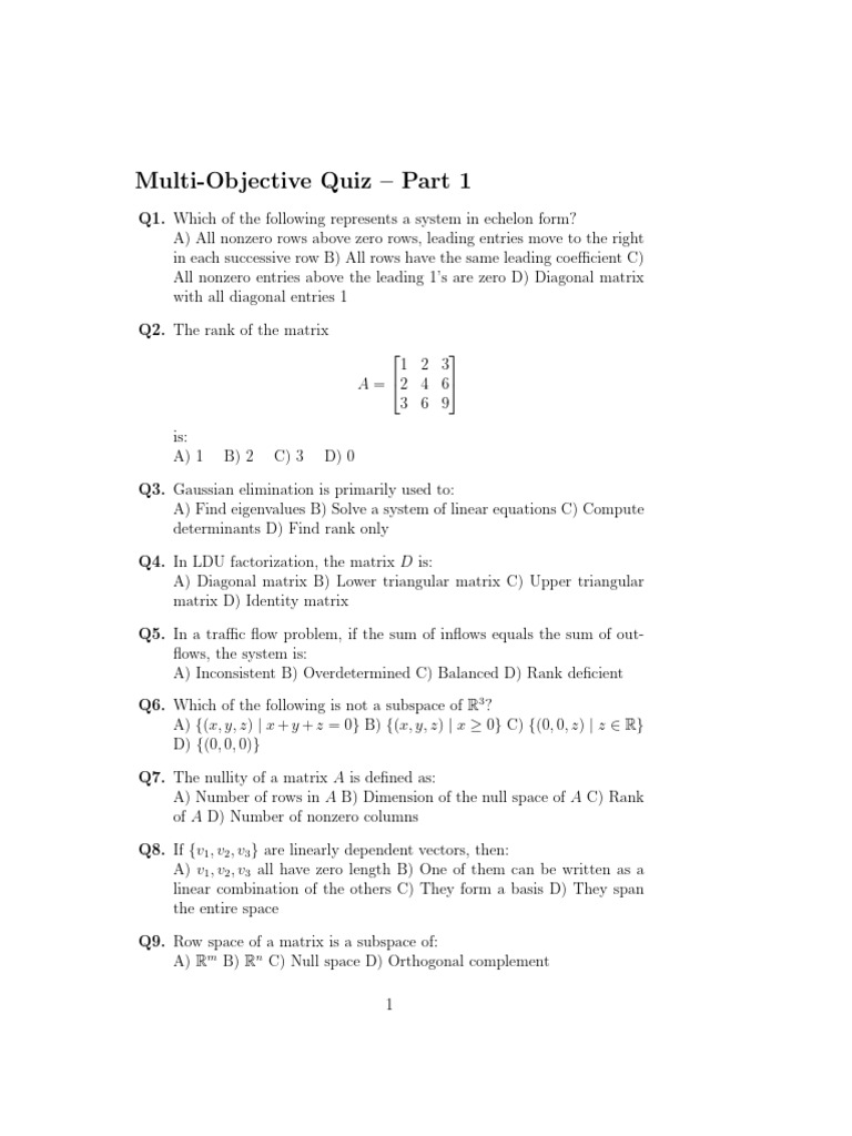 Multi-Objective Quiz on Linear Algebra | PDF