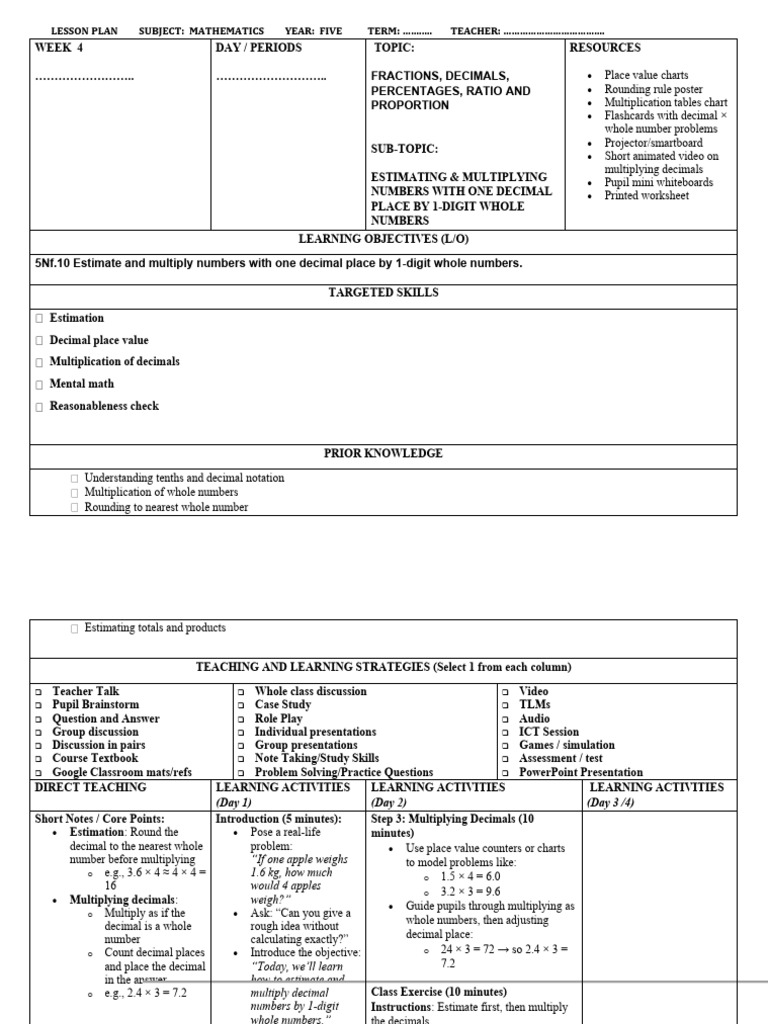 Y5 Math Lesson Plan - Estimation, Multiplication of Decimals | PDF ...
