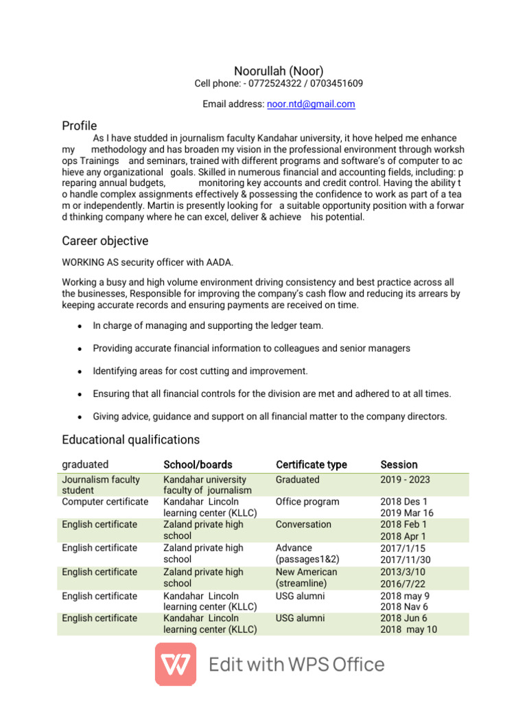Noori's CV Updat - Finance | PDF