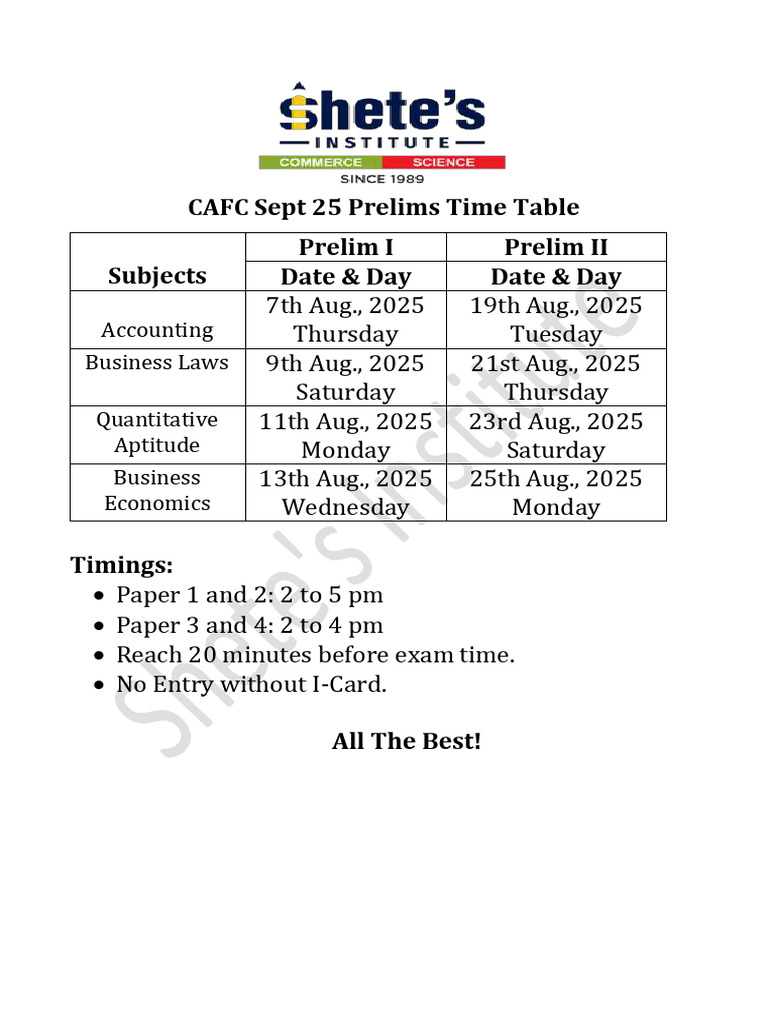 CAFC Sept 25 Prelims Time Table | PDF